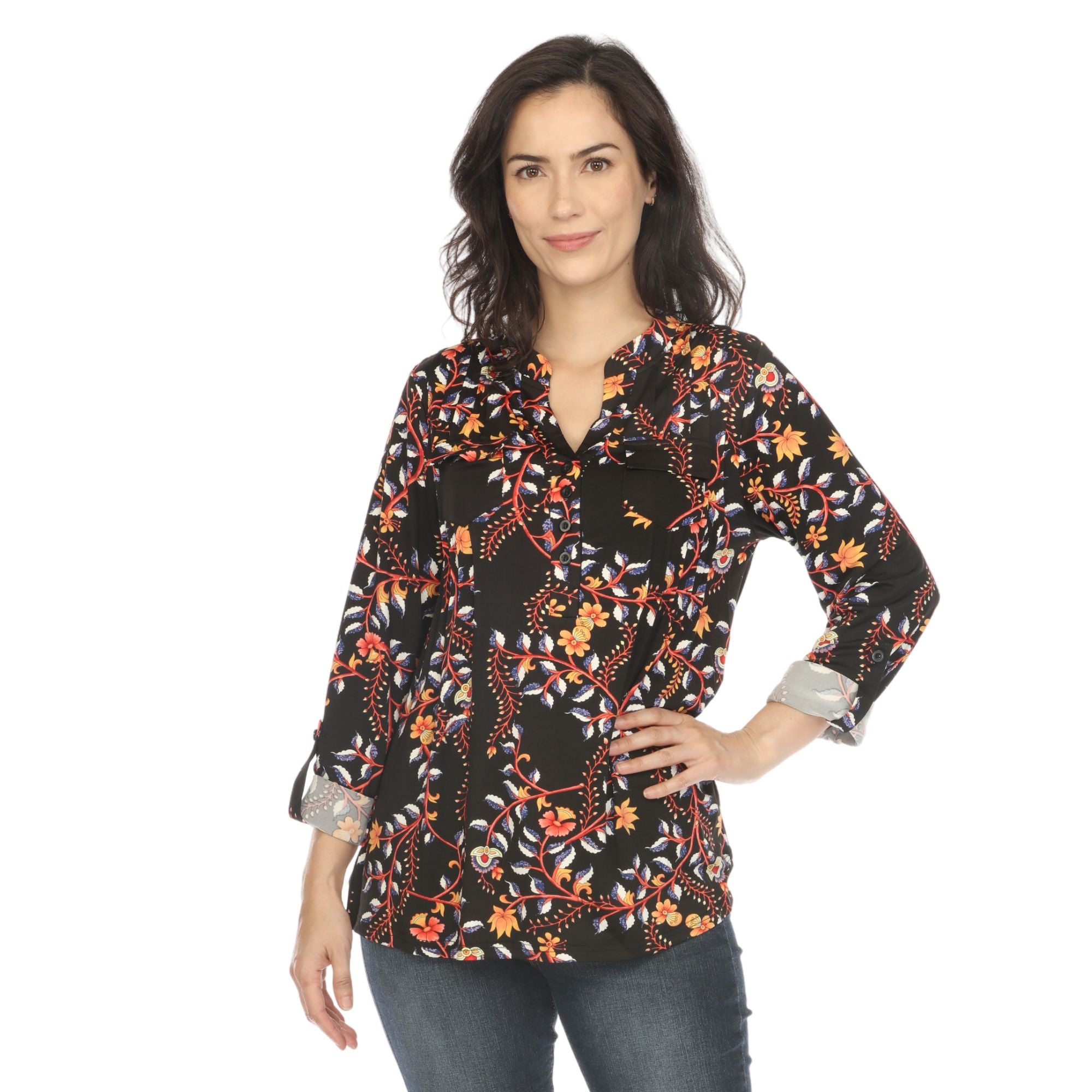 White Mark Women's Paisley Button Front Roll Tab Sleeve Top – ShopHQ